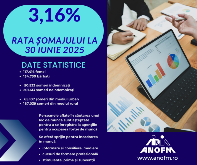 3,16% rata şomajului înregistrat în evidenţele ANOFM în luna iunie 2025 – ANOFM